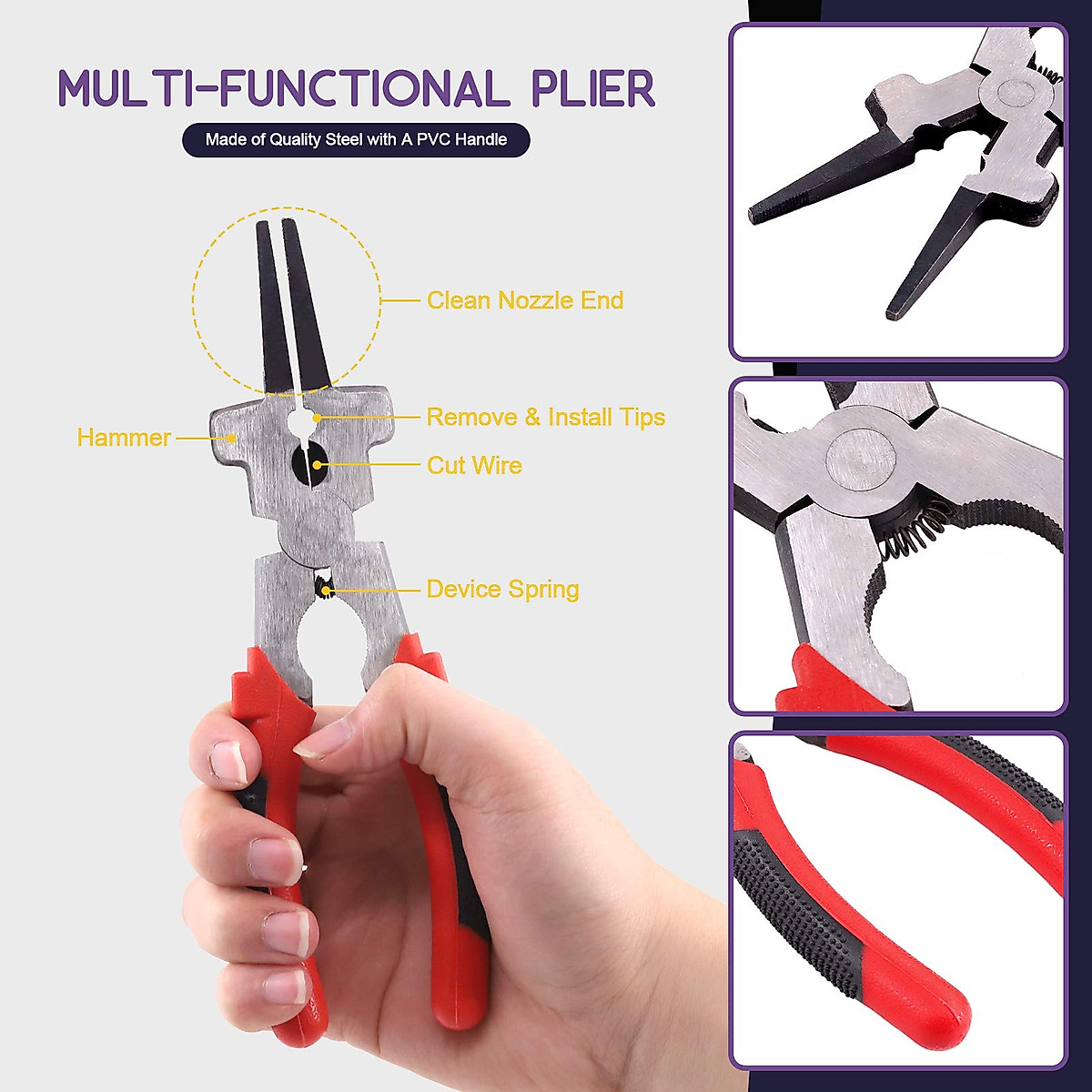 Swpeet 7Pcs 10 Inch Scratch Wire Brush Welding Hammers Slag Removal Tool with Metal Sheet Thickness Gauges, 8 Inch Welding Plier and 10 Inch Welding Chipping Hammer with Steel Coil Spring Handle