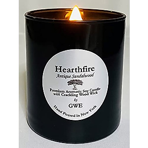 Hearthfire - Sandalwood Scented Soy Candle Infused w/Natural Oils w/ Wood Wick- Dark Sweet Creamy Aromatherapy - Hand Poured in The USA in Glossy Black Jar w/ Lid