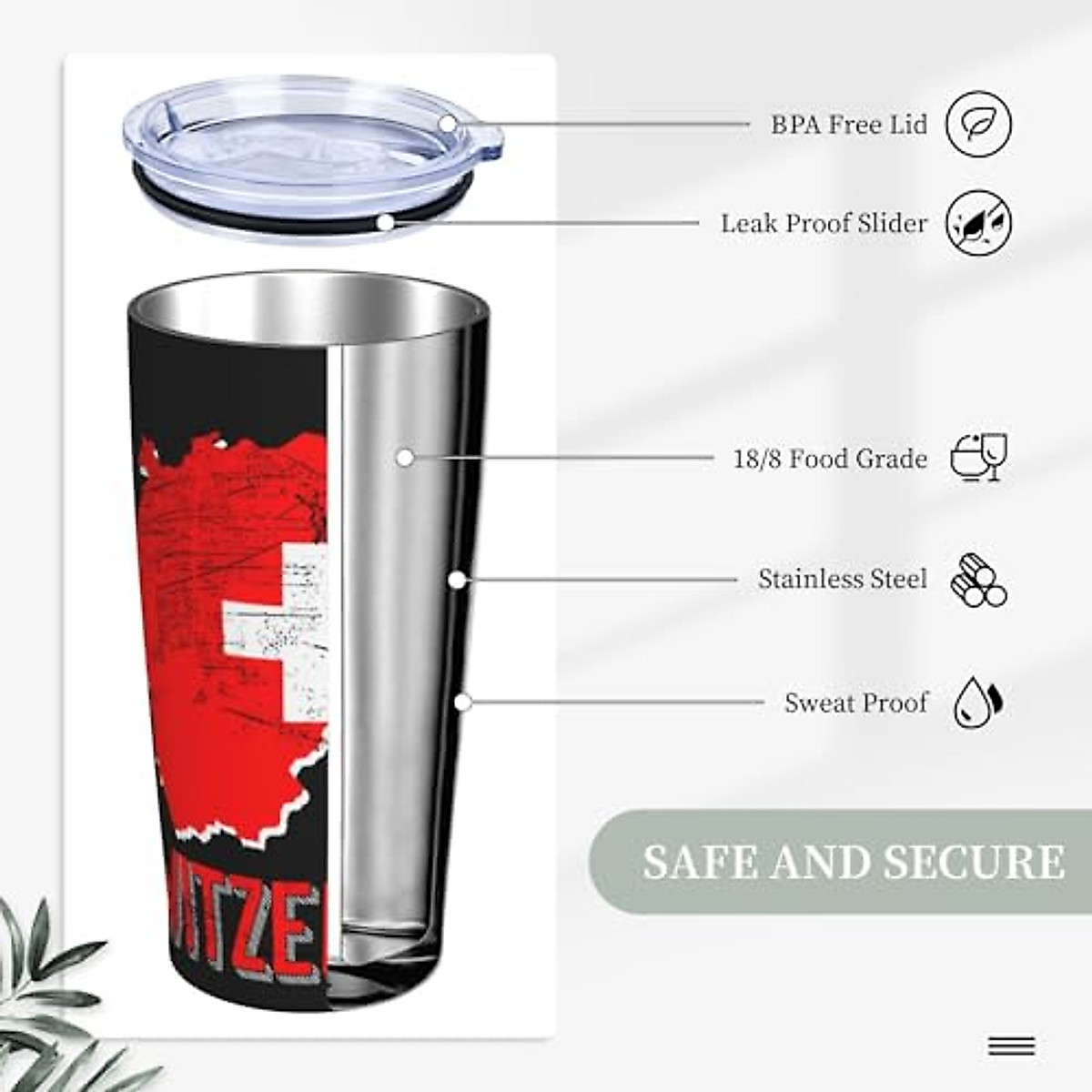 VKKOEWL Switzerland Swiss Flag Map Stainless Steel Insulated Tumbler 20 Oz Travel Water Bottle Coffee Mug Drink Cup With Lid Straw