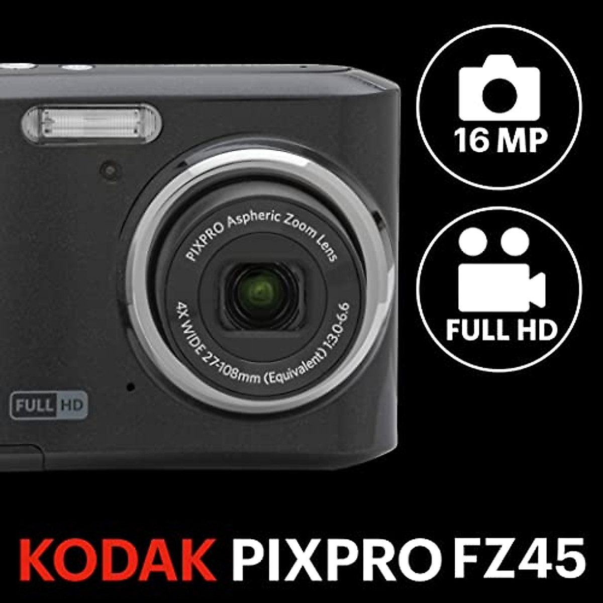 KODAK PIXPRO Friendly Zoom FZ45-BK 16MP Digital Camera with 4X Optical Zoom 27mm Wide Angle and 2.7" LCD Screen (Black)
