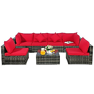 Acquire 7PCS Patio Rattan Furniture Set Sectional Sofa Garden Red Cushion Outdoor Patio Furniture Set