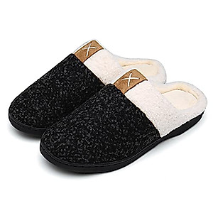 UBFEN Womens Mens Slippers Memory Foam Comfort Fuzzy Plush Lining Slip On House Shoes Indoor Outdoor Black 7-8 Women 5-6 Men
