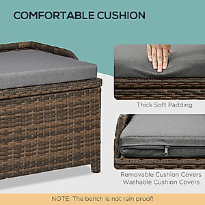 Outsunny Outdoor Wicker Storage Bench Deck Box, PE Rattan Patio Furniture Pool Container Storage Bin with Interior Waterproof Bag and Comfortable Cushion, Gray