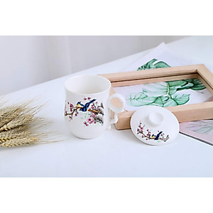 CYXChenyu Ceramic Tea Mug with Lid, Anti-scalding Handle Design Ceramic Coffee Mug or Tea Cup Milk Tea Drink Porcelain Cup, Great for Tea Lover Gift (Magpie)