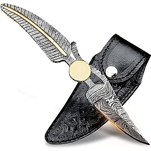 Custom Handmade Damascus Steel Folding Knife with Leather Sheat