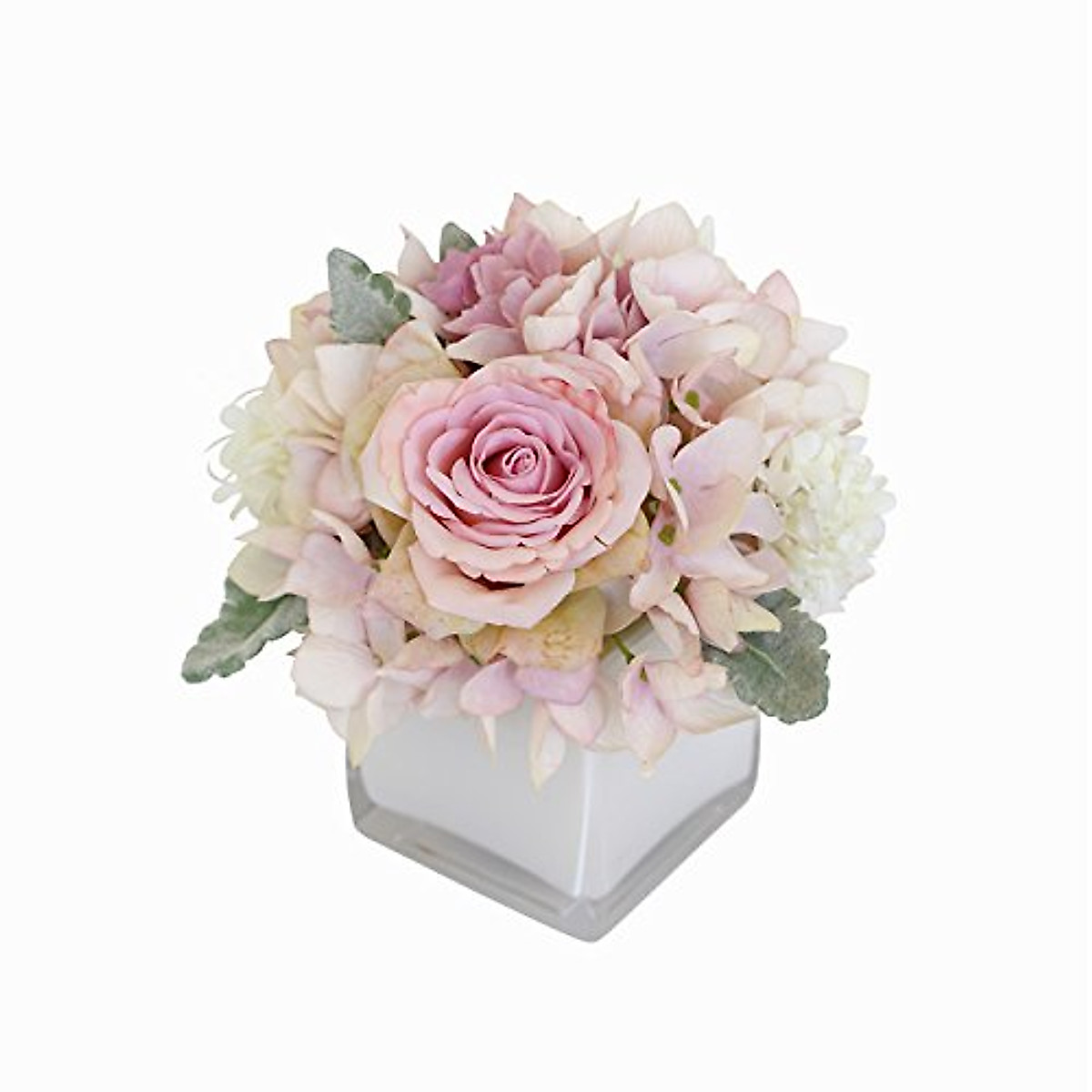 G Home Collection Plush Pink Rose Hydrangea Floral Arrangement in Glass Vase
