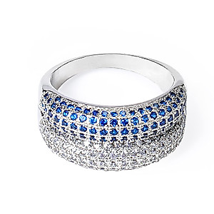 Mozume Two Tone Cubic Zirconia Eternity Rings For Women Double Row Blue Simulated Sapphire Cocktail Ring CZ Band - 14K White Gold Plated (6)