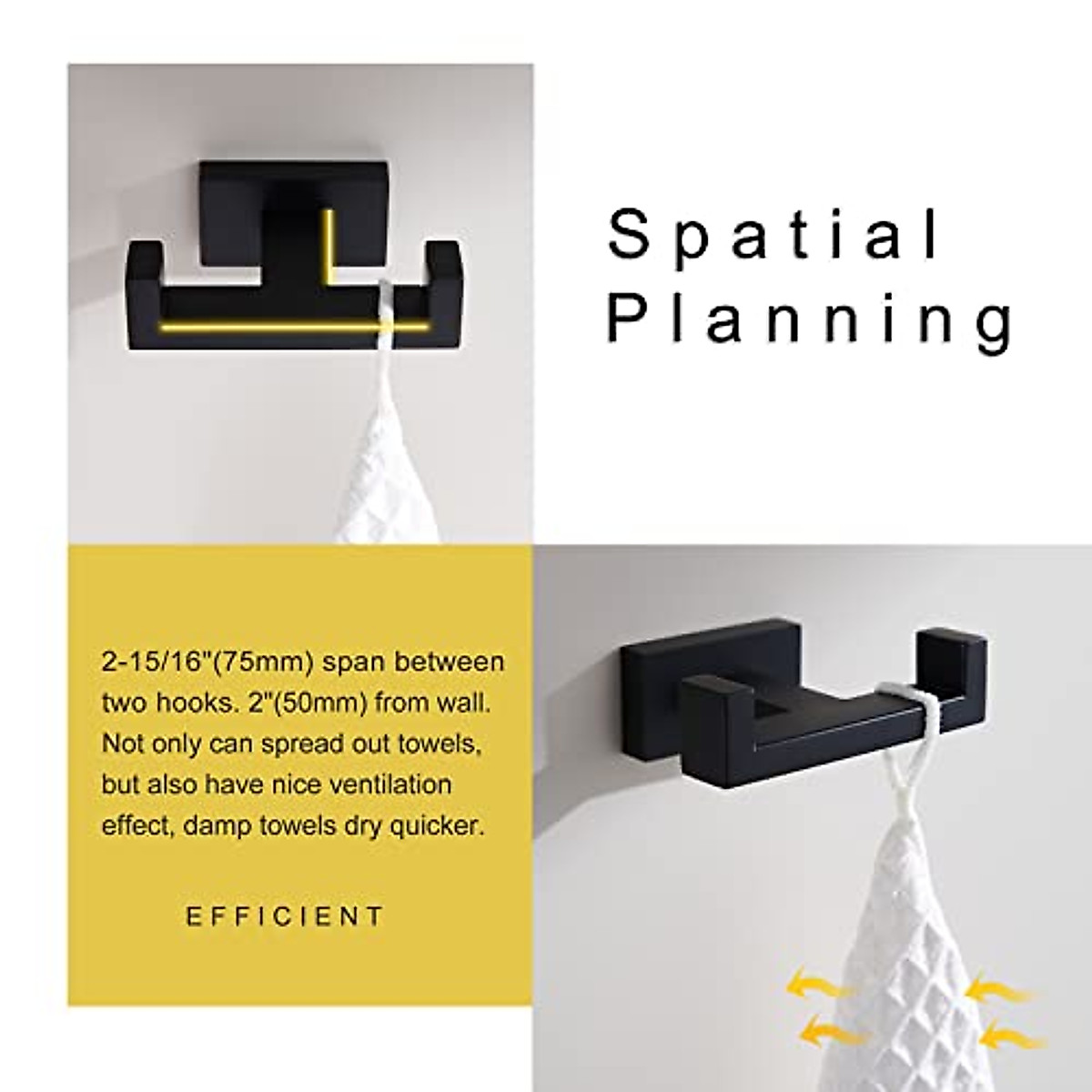 APLusee Double Robe Towel Hook, Stainless Steel Square Dual Coat Hook, Utility Bath Kitchen Storage Hanger Holder, Matte Black…