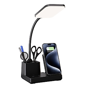 Sailstar Desk Lamp with Wireless Charger USB Charging Port, LED Desk Lamps for Home Office, 800LM 3 Lighting Modes Dimmable Pen Holder 360°Gooseneck, Eye-Caring Desk Light for College Dorm Room, Black