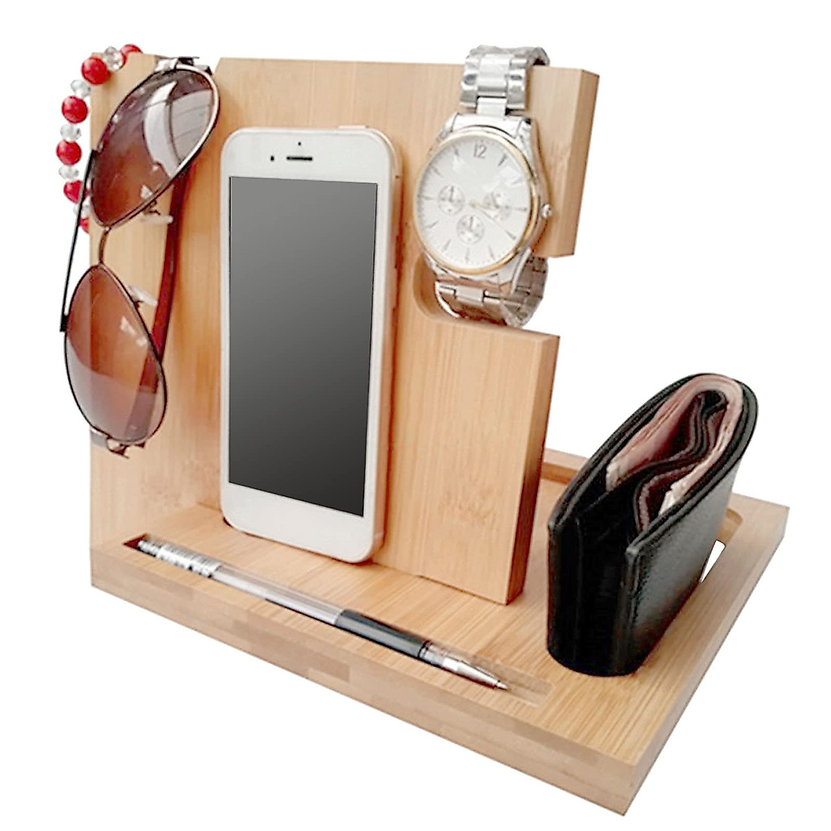 Wood Charger Dock Stand Nightstand Organizer for Men Multi Device Charging Station Wood Tablet Holder Desk Accessies for Smartphone Cellphone Watch Pad