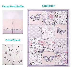La Premura Lilac Butterfly Baby Girl Crib Bedding Set for Girls – Butterfly 3 Piece Standard Size Crib Bedding Sets in Pastel Pink and Purple