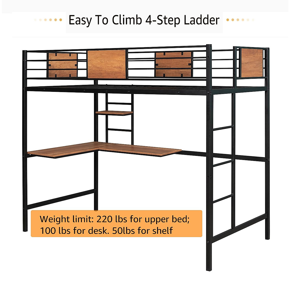 Metal Loft Bed Frame, Twin Size Loft Bed with Desk and Storage Shelves, Metal Bed Frame with Safe Guardrail & Ladder for Kids Teens Adults, Space Saving Loft Bed, No Box Spring Needed (Black 1)