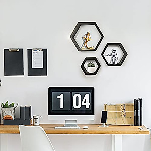 KEZORY Hexagon Floating Shelves, Honeycom Wall Shelves Set of 3, Suitable for Living Room, Kitchen, Bedroom, Bathroom or Office Wall Mounted Wooden Hexagon Shelf (Black)
