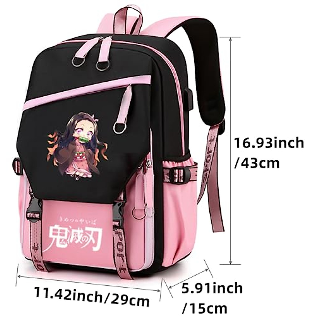 Luckbanjie 17'' Nezuko Backpack Tanjiro Anime School Book Bag Latop Backpacks (Pink-A)