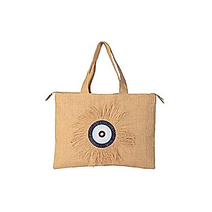 Evil Eye Embroidery Jute Handbag Tote Beach Bag Zipper Gift Bag with Crystals and Tassels