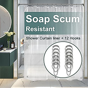 AmazerBath Clear Shower Curtain Liner, 72x72 Plastic Shower Liner with 12 Shower Curtain Hooks, Waterproof Shower Curtain Liner, Cute Shower Curtains for Bathroom with Magnets and 12 Grommet Holes