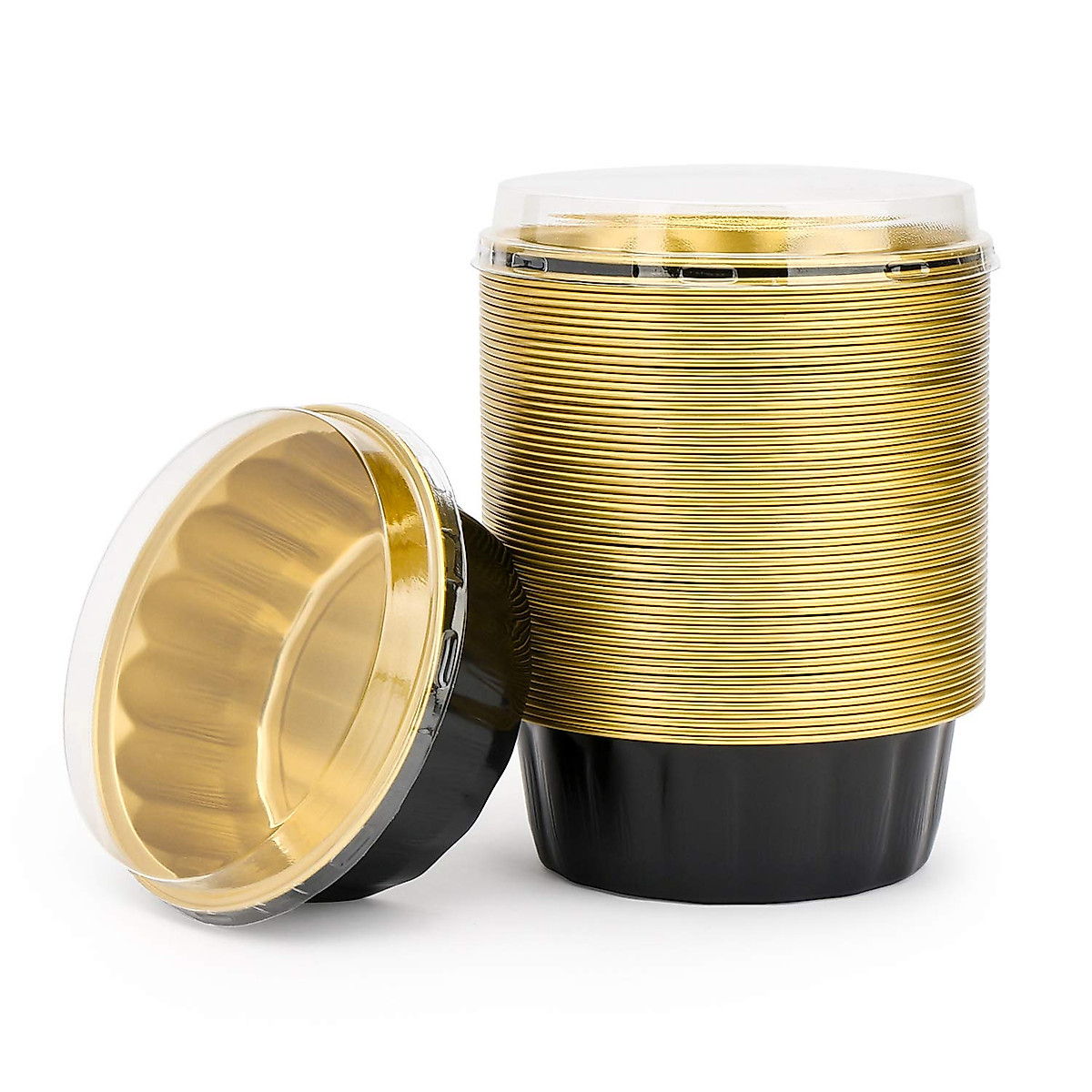 Beasea Disposable Ramekins with Lids, 8 oz 50 Pack Black Gold Aluminum Foil Cups, Disposable Creme Brulee Muffin Cupcake Baking Cup Mini Pudding Cups for Party Wedding Birthday
