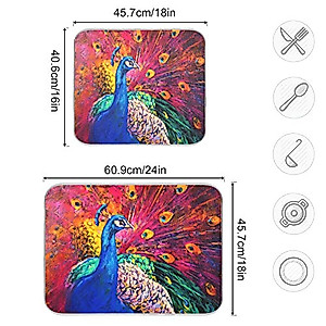 Painting Animal Beautiful Peacock Dish Drying Mat 24"x18" Absorbent Machine Washable Hanging Fast Dry Pad Dish Protective Mat for Kitchen Countertop Heat Resistant Dinner Table Mat