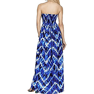 LA LEELA Women's Boho A line Smocked Strapless Dresses Evening Long Tube Top Slit Maxi Dress for Women One Size Azure, Zig Zag