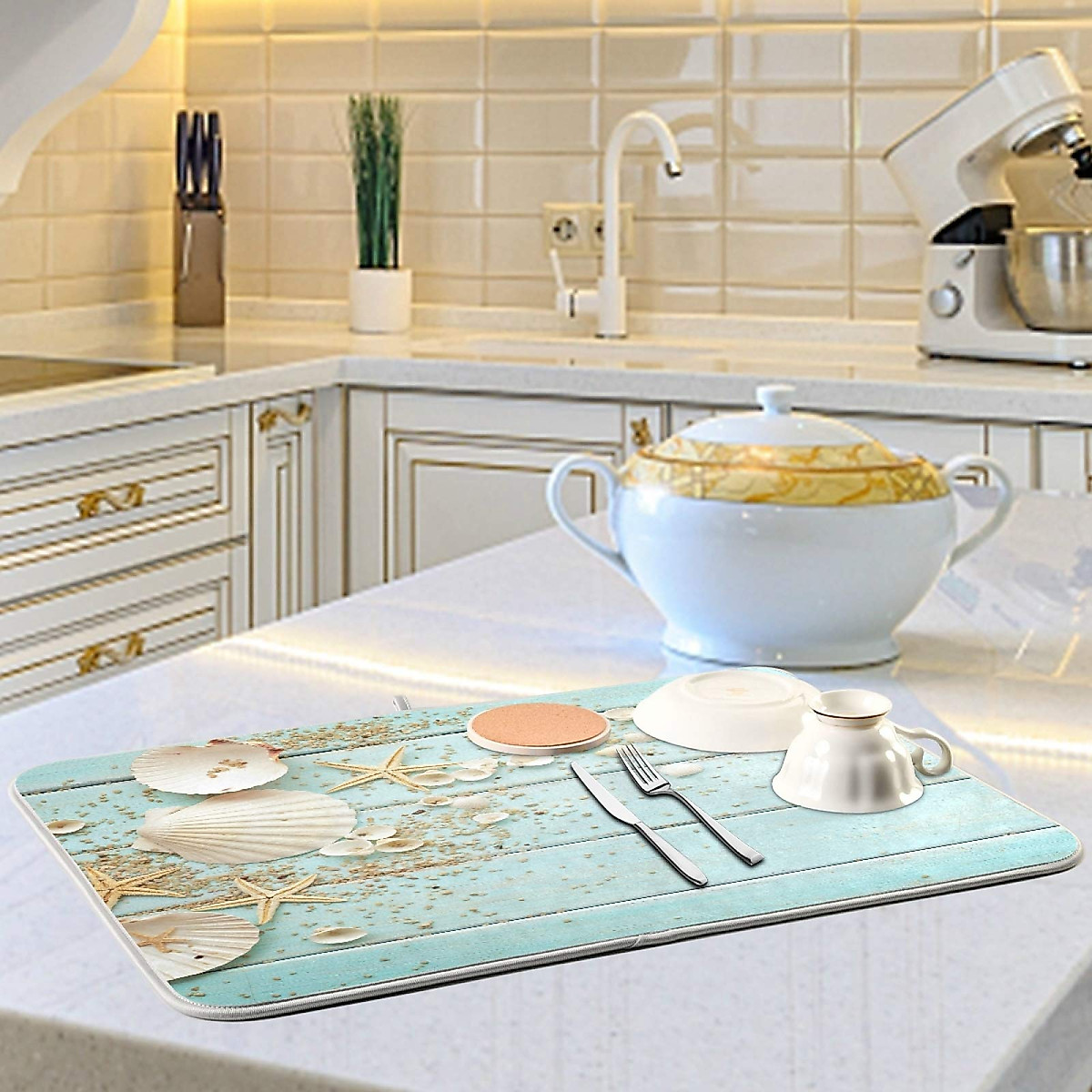 Kcldeci Summer Seashell Starfish On Wooden Dish Drying Mat 18x24 inch Dish Drying Pad Dish Drainer Mat Dish Mat Kitchen Counter Mat