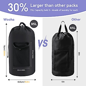 WOOHA 95L Backpack Travel Laundry Bag with Shoulder Straps and Mesh - Durable Polyester Laundry Hampers for Travel, Apartments, Laundromats and Universities (Black)