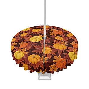 Thanksgiving Outdoor Tablecloths with Umbrella Hole and Zipper, Fall Pumpkin Maple Leaves Orange Yellow Brown Waterproof/Stain Resistant Round Table Cloth 54'' Patio Table Cover for Picnic/Party