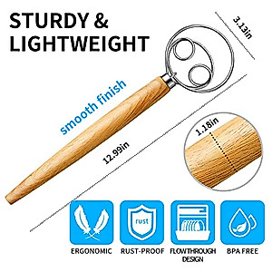 TEEVEA Danish Dough Whisk Stainless Steel Dough Whisk Dutch Style Bread Dough Hand Mixer Wooden Handle Kitchen Baking Tools Bread Making Tools and Supplies