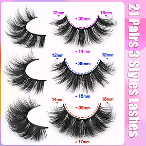 Mink Lashes Fluffy False Eyelashes Natural Look 14-17mm Cat Eye Lashes Pack, 5D Wispy Curly Fake Lashes by TNFVLONEINS - 21 Pairs 3 Styles