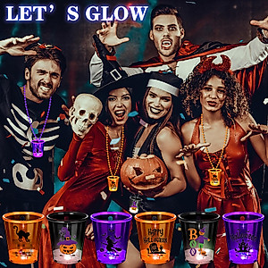 Huquary 42 Pcs LED Light Up Halloween Shot Glass Necklaces Glow in the Dark Halloween Plastic Shot Necklace Cups Flash Shot Necklace Cups for Halloween Party Costume Supplies, 6 Styles