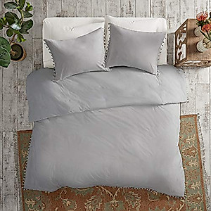 Madison Park Lillian 100% Cotton Duvet, Bohemian Fringe Tassel Trim Border Shabby Chic All Season Comforter Cover Bed Set with Matching Shams, King/Cal King(104"x92"), Grey 3 Piece
