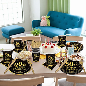 144PCS 50th Birthday Plates and Napkins Birthday Party Tableware Birthday Party Supplies 50th Birthday Party Decorations for Men Women 50th Birthday Paper Plates Napkins Cups Fork and Knives Serve 24