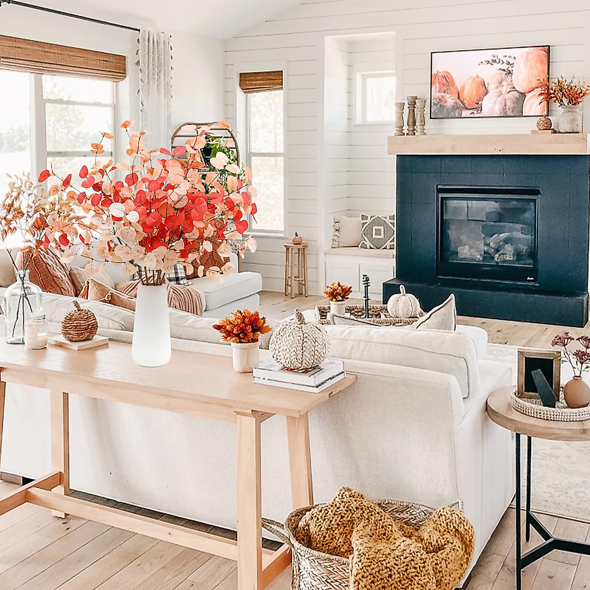 YIGHAI 6PC Fall Fake Eucalyptus Stems 24" Faux Silk Silver Dollar Leaves Branches Autumn Decor Artificial Plants Stems for Festival Thanksgiving Home Office Table Vase Decor