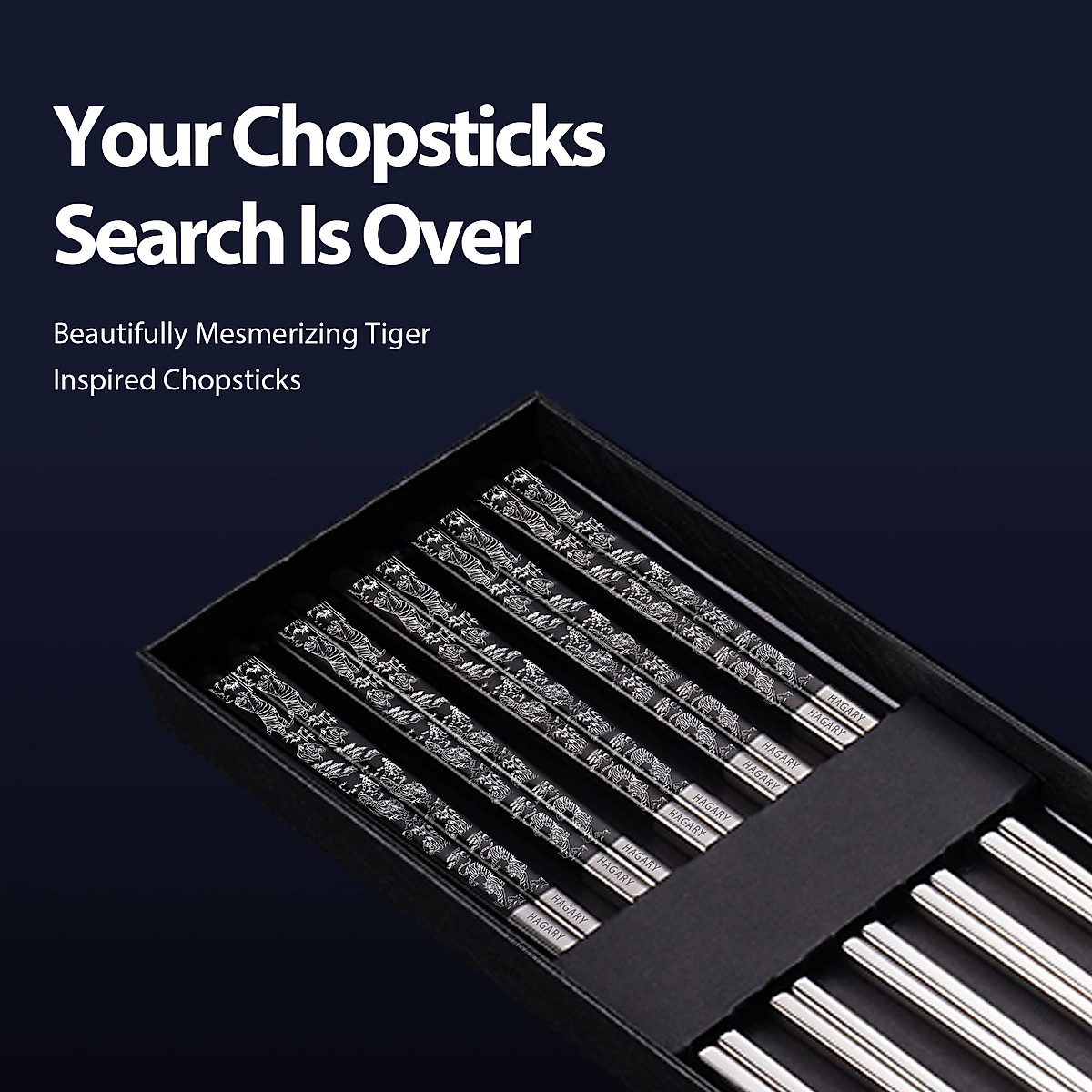 Hagary Tiger Chopsticks Metal Chopsticks Reusable Designed In Korea Japanese Style Stainless Steel 316 18/10 Non-Slip Dishwasher Safe Laser Etched (Black - 5 Pairs)