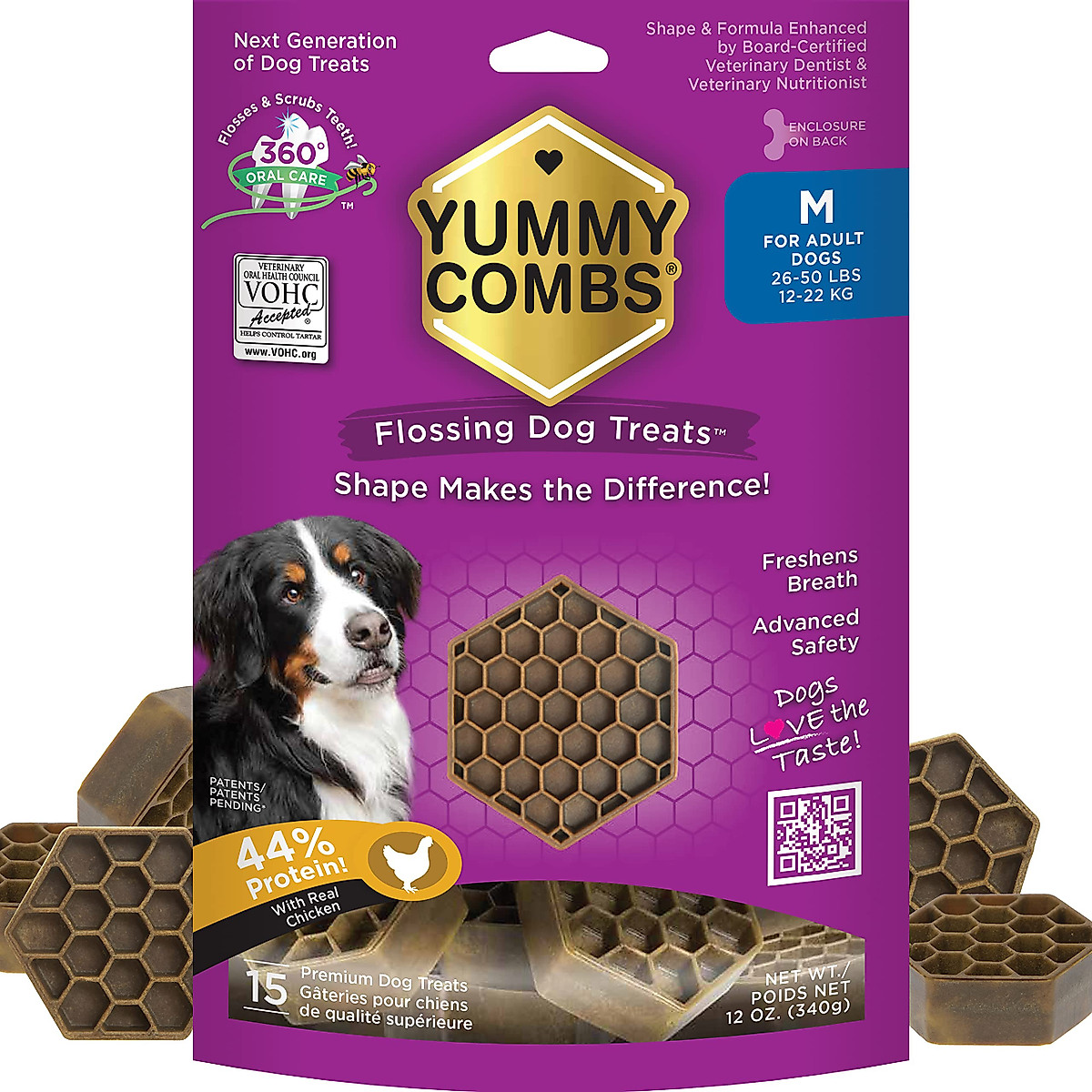 Yummy Combs - Dog Dental Treats | Removes Tartar - Vet VOHC Approved | A Yummy Treat for Teeth Cleaning - Chicken Protein | Extra Small 12oz and Medium 12oz