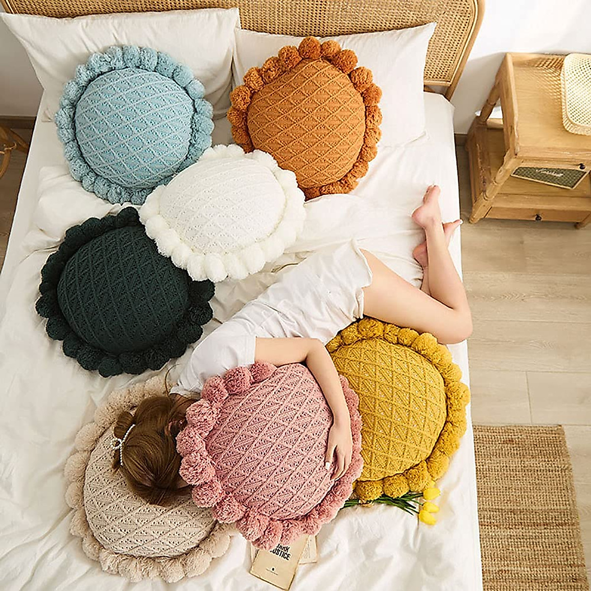 Teieas Bohemian Round Throw Pillows Chair Pad Seat Floor Pillow Cushions Handmade Pompoms Knitted Floor Mat Garden Dining Room Home Decor Outdoor Blush