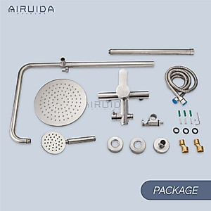 Airuida SUS304 Outdoor Shower Fixture Brushed Nickel Exposed Shower Faucet Combo Set Single Handle 8 Inch Thicken Rainfall Showerhead With Handheld Spray Wall Mount Dual Functions