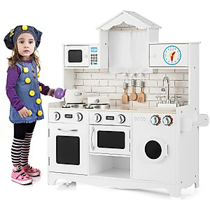 HONEY JOY Kids Kitchen Playset, 31 Inch Rooftop Wooden Play Kitchen for Toddlers, Microwave, Clock, Washing Machine, Cookware, Little Chef Pretend Play Toy Kitchen Set, Gift for Boys Girls, White