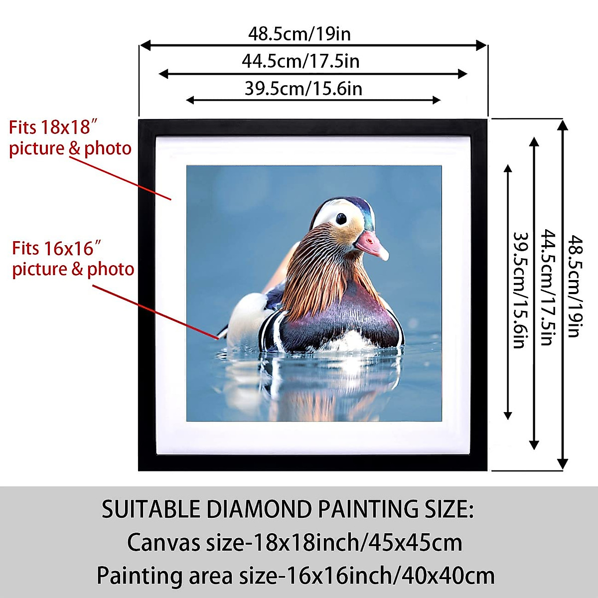 ZZFQXZ 18x18inch Diamond Painting Frame for Diamond Art Painting 16x16inch Display Pictures 16x16inch/40x40cm With Mat or 18x18inch/45x45 cm Without Mat , Wood Square Wall Photo Frame Black (ZK007)