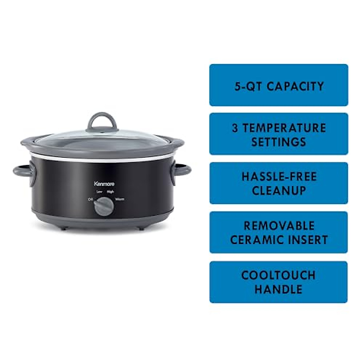 Kenmore 5 Quart Slow Cooker, Black and Grey, Compact Countertop Cooking, Warm, Braise, Simmer, Sous Vide, Stew, Soup, Curry, Chili, Fondue, Yogurt