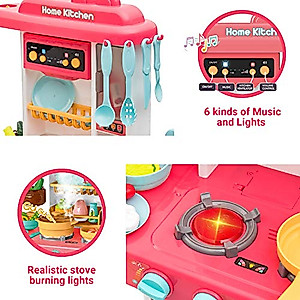 Little Brown Box Kids Pink Plastic Kitchen Playset Toy, Pretend Play, Cookware Set, Dishes, Pretend Food W/ Sink, Realistic Steam, Lights & Music - Gift for Toddler, Children, Girls 3,4,5 Years