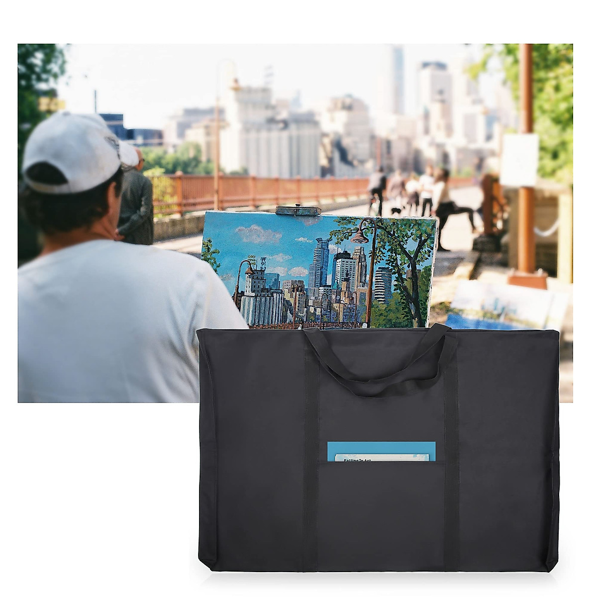 Jjring Dacron Light Weight Art Portfolio Tote Bag, 24x36" Black Carrying Storage Case For Poster, Sketching, and Drawing