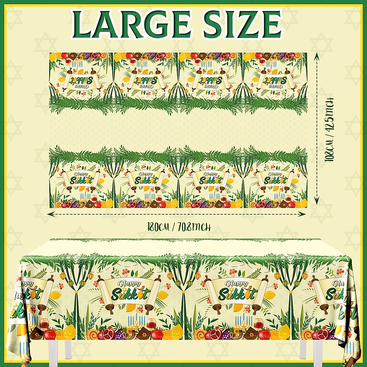Sukkah Sukkot Tablecloth - Disposable Happy Sukkot Decorations Plastic Tablecloth, Jewish Holiday Party Decorations 3pcs Etrog Lulav Decor Table Cover, Jewish Table Supplies, 108 x 180 cm