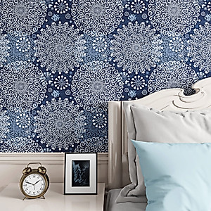 ReWallpaper Peel and Stick Wallpaper Boho Blue Bohemian Mural Wallpaper Stick & Peel Contact Paper for Walls 17.5in x 10ft Large Navy Floral Wall Paper Roll for Bedroom Bathroom Nursery Aesthetic