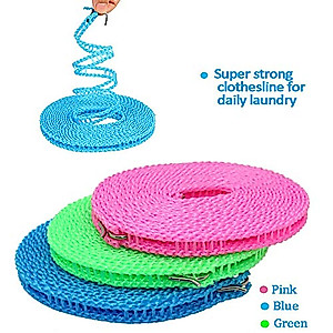 Foshine Clotheslines 3 Pack Blue Pink Green 1.64ft Length Camping Clothesline Clothes Drying Rope Portable Windproof Travel 5m Clothesline for Indoor Outdoor Laundry Windproof Clothes Line