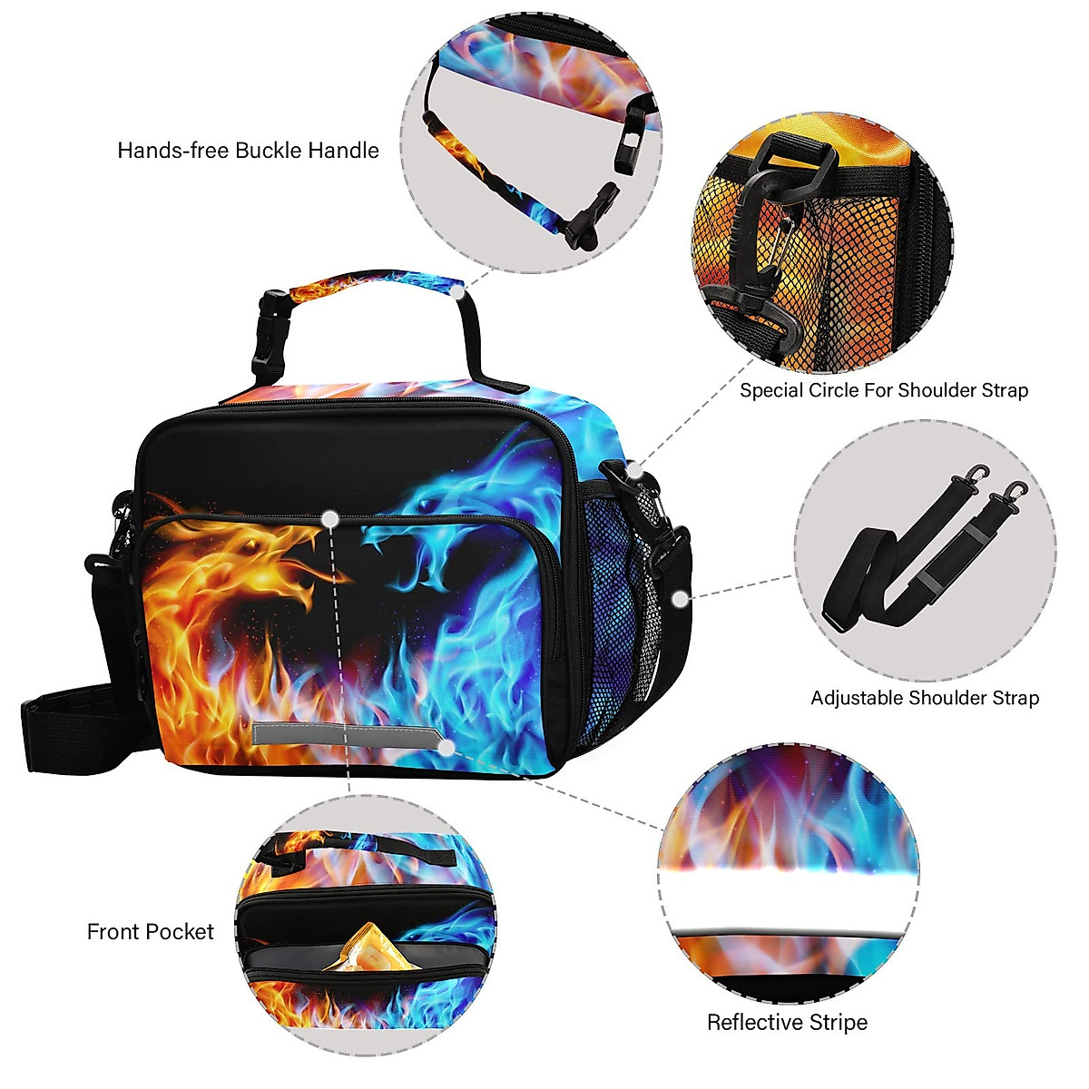 KFBE Gold Flame Kids Lunch Box Insulated Blue Dragon Lunch Bags Cooler Tote Bag with Removable Shoulder Strap for Boy Girl Student (20824031), One Size