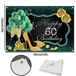 Bellimas Happy 60th Birthday Backdrop Green and Black Women Birthday Party Background High Heels Gold Rose Sixty Birthday Prom Party Supplies Banner with Copper Grommets