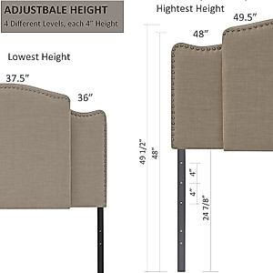 Ball&Cast Bed Headboard Fabric Upholstered Curved Top Design with Nails Full/Queen/King Size 3 in 1, Adjustable Burlap Set of 1