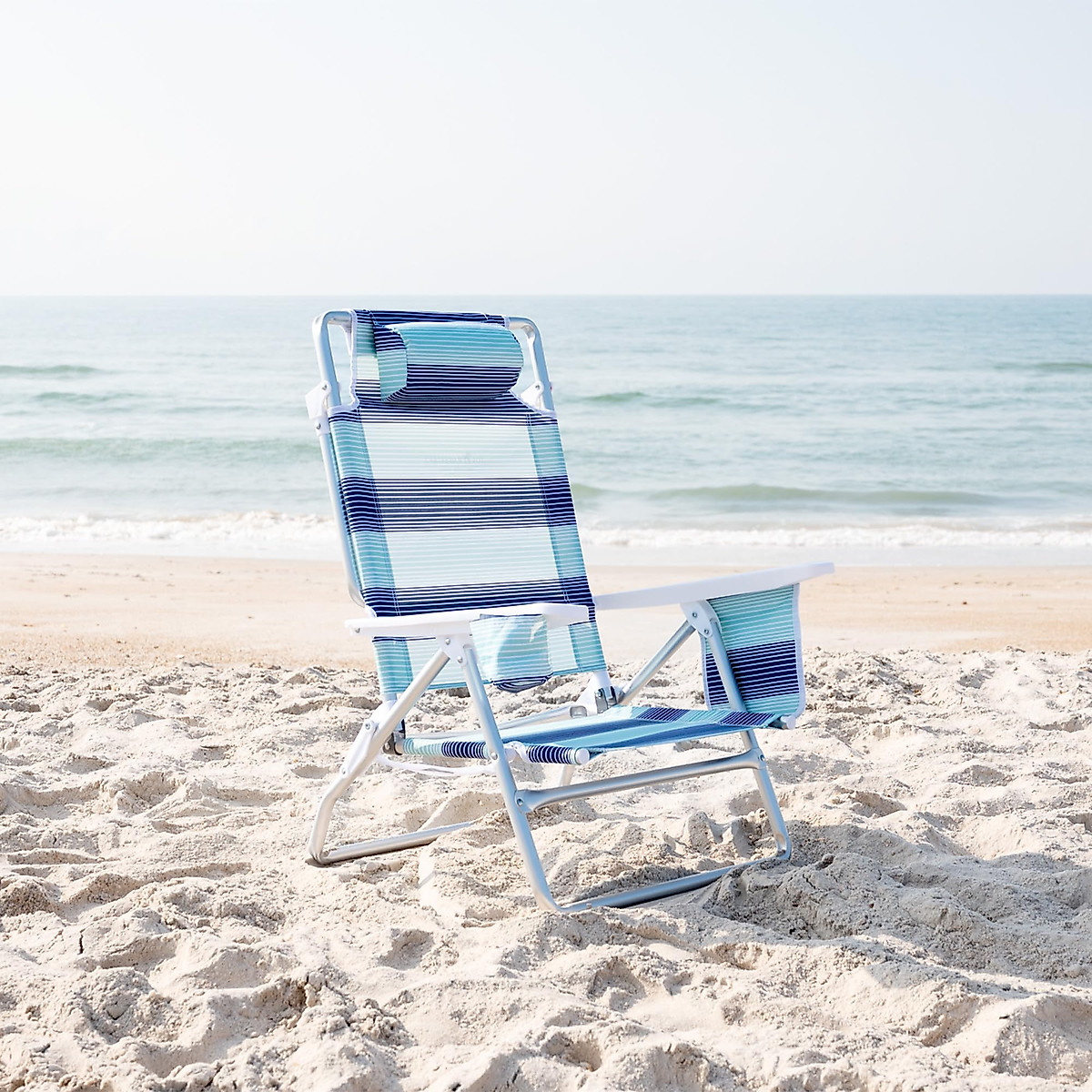 Caribbean Joe Folding Beach Chair, 5 Position Lightweight, Portable Reclining Outdoor Camping Chair with Headrest, Shoulder Strap, and Cup Holder, Horizon Stripe