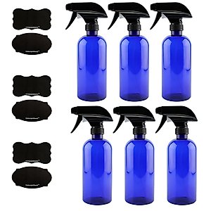 Cornucopia Brands 16oz Cobalt Blue PLASTIC Spray Bottles w/Heavy Duty Mist & Stream Sprayers and Chalkboard Labels (6-pack); PET #1 BPA-free, Use for DIY, Kitchen, Hair