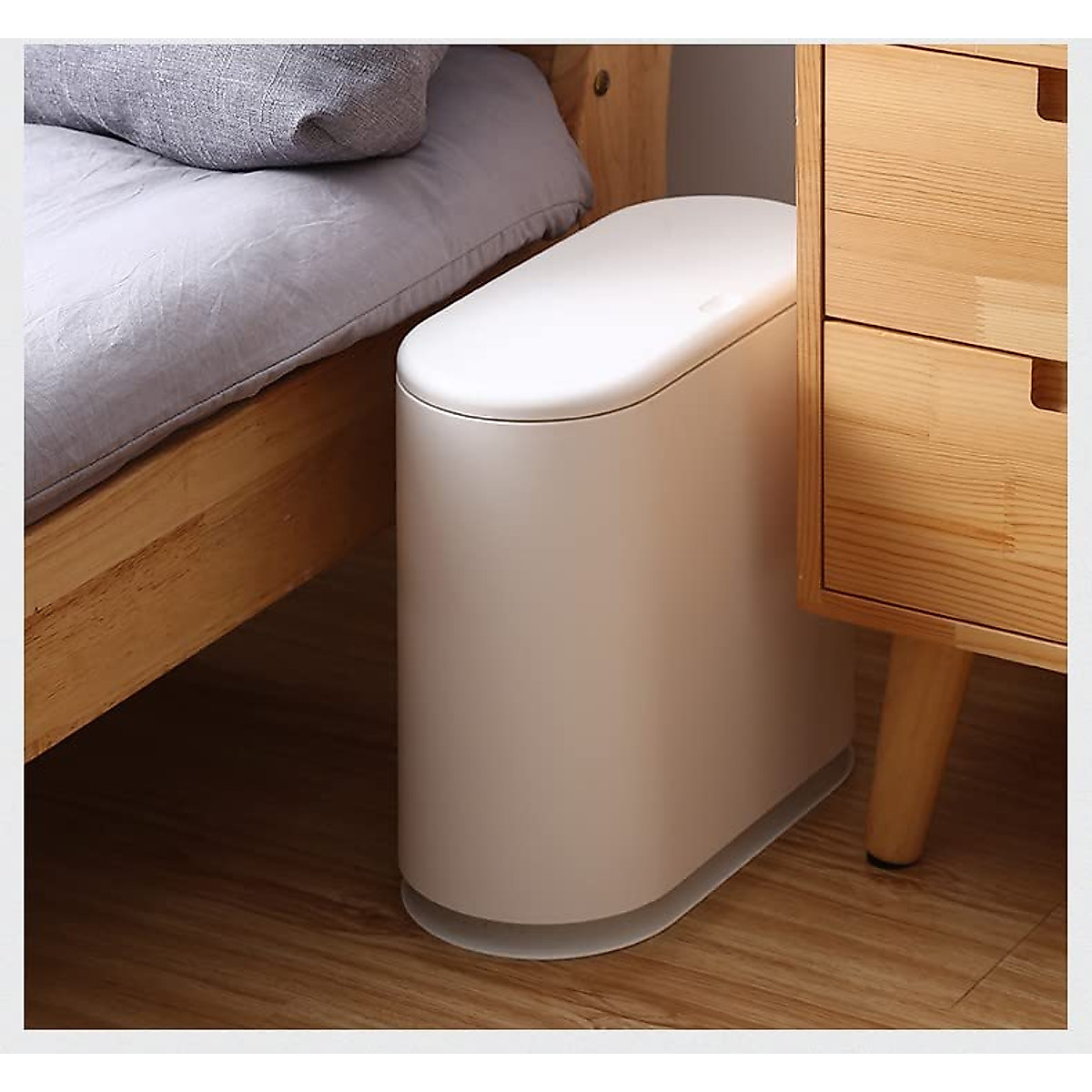 Sooyee Bathroom Trash Can with Lid, 2.4 Gallon Slim Smart Can, Small Plastic Bin, 10 L Narrow Waste Basket for Bedroom, Kitchen, Office, Cream White